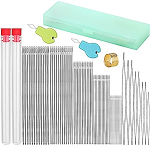 74 Pcs Beading Needles Set Include 60 Pcs Long Straight Beading Thread Needles + 8 Pcs Big Eye Beading Needles, Embroidery Needles with Needle Bottle, Thimble, Needle Threaders for Jewelry Making