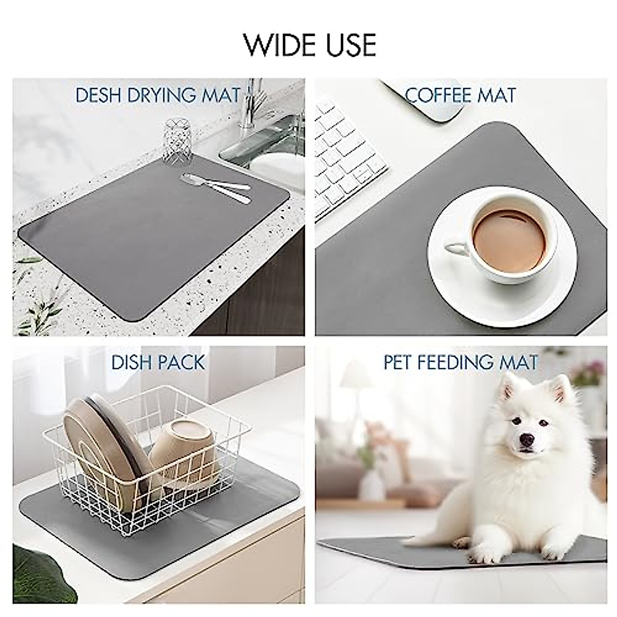 Drying Mat for Kitchen Countertops, Coffee Mat Hide Stain Rubber Backed Absorbent Dish Drying Mat (Gray, 12"x16")