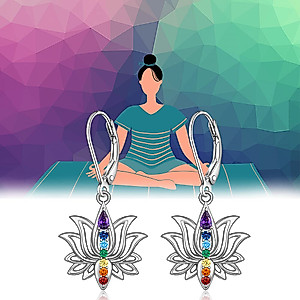 Chakra Earrings Lotus Flower 7 chakra Stones Leverback Earrings for Women Dangle Yoga Lotus Jewelry Balance Meditation