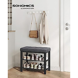 SONGMICS Shoe Bench, 3-Tier Shoe Rack for Entryway, Storage Organizer with Foam Padded Seat, Linen, Metal Frame, for Living Room, Hallway, 12.2 x 23.6 x 19.3 Inches, Dark Gray and Black ULBS576B33