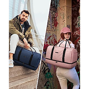 Travel Duffle Bag, BAGSMART 45L Large Carry On Bag Weekender Overnight Bag for Men Women with Shoes Compartment & Wet Pocket, Pink