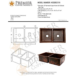 Premier Copper Products K50DB33199 33-Inch Hammered Copper Kitchen 50/50 Double Basin Sink, Oil Rubbed Bronze