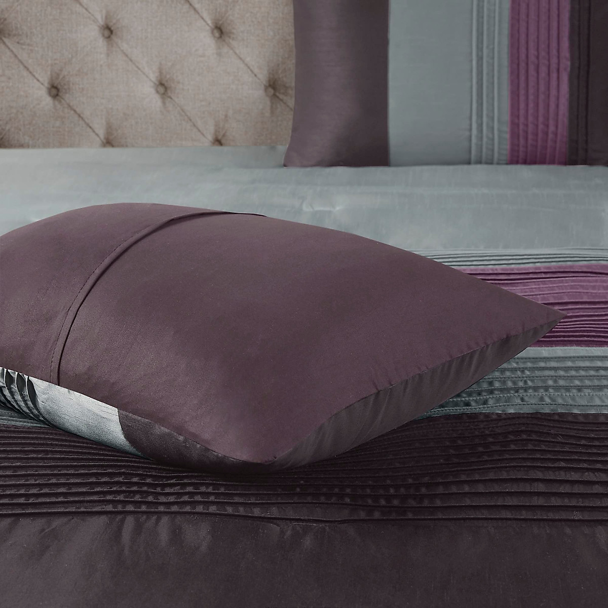 Madison Park Amherst Faux Silk Comforter Set-Casual Contemporary Design All Season Down Alternative Bedding, Matching Shams, Bedskirt, Decorative Pillows, King(104"x92"), Purple, 7 Piece (MP10-127)