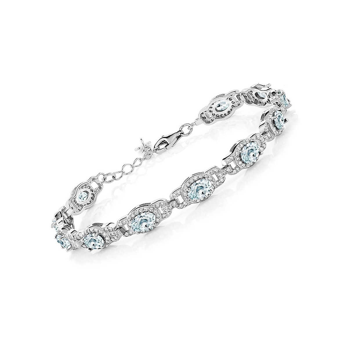 Gem Stone King Sky Blue Aquamarine 925 Sterling Silver Tennis Bracelet For Women (9.10 Cttw, March Gemstone Birthstone, Oval 6X4MM, 7 Inch With 1 Inch Extender)