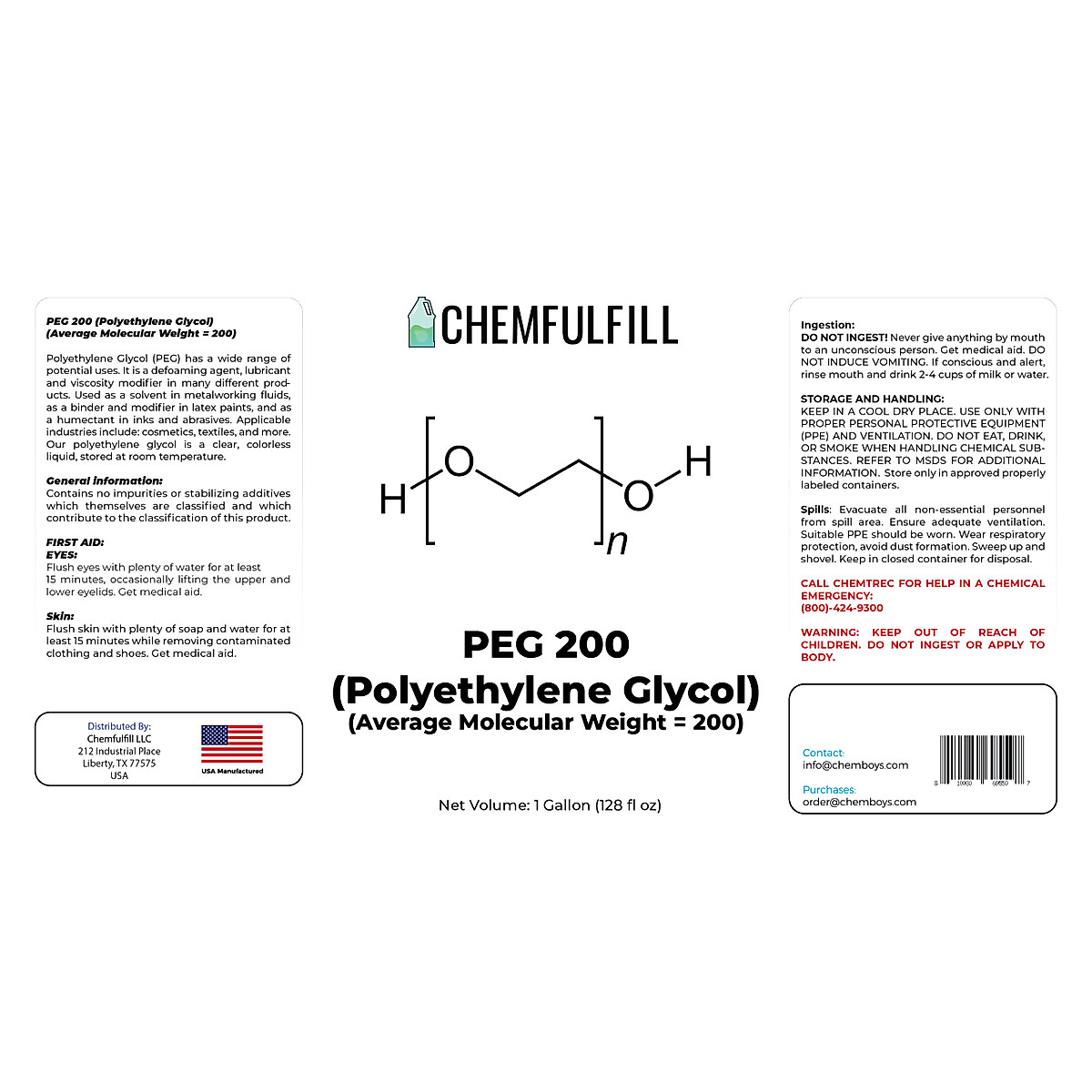 Chemfulfill PEG 200 – Polyethylene Glycol 200 (PEG200) (Gallon (128 fl oz))