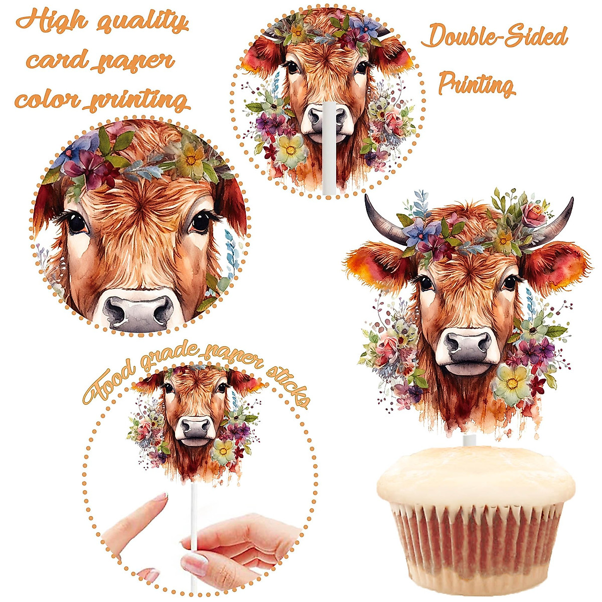 36Pcs Highland Cow Cupcake Toppers Highland Cow Birthday Decorations Highland Cow Party Supplies Highland Cow Cattle Cake Decorations for Farm Animal Birthday Party Baby Shower Supplies