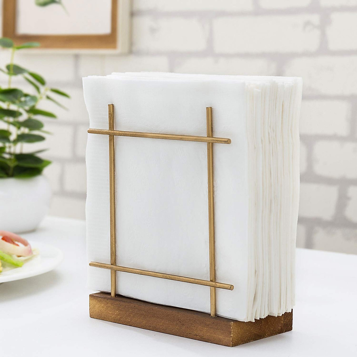 MyGift Contemporary Brass-Tone Wire Metal Upright Napkin Holder with Rustic Burnt Brown Wood Base, Decorative Kitchen Table Dining Napkin Holder