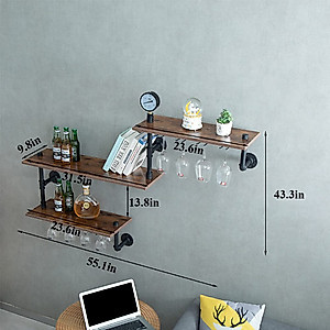 MAIKAILUN Wine Rack Wall Mounted Corner 3 Tier, Hanging Floating Small Mini Bar Liquor Shelves with Glass Holder Storage Under, Industrial Rustic Pipe Farmhouse Kitchen Decor Black