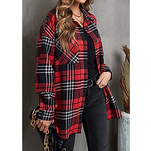 BTFBM Women's Long Sleeve Button Down Jackets Plaid Flannel Shirts Tops Casual Lapel V Neck Oversized Shackets Blouses Top (X-Large, Plaid Print Red)