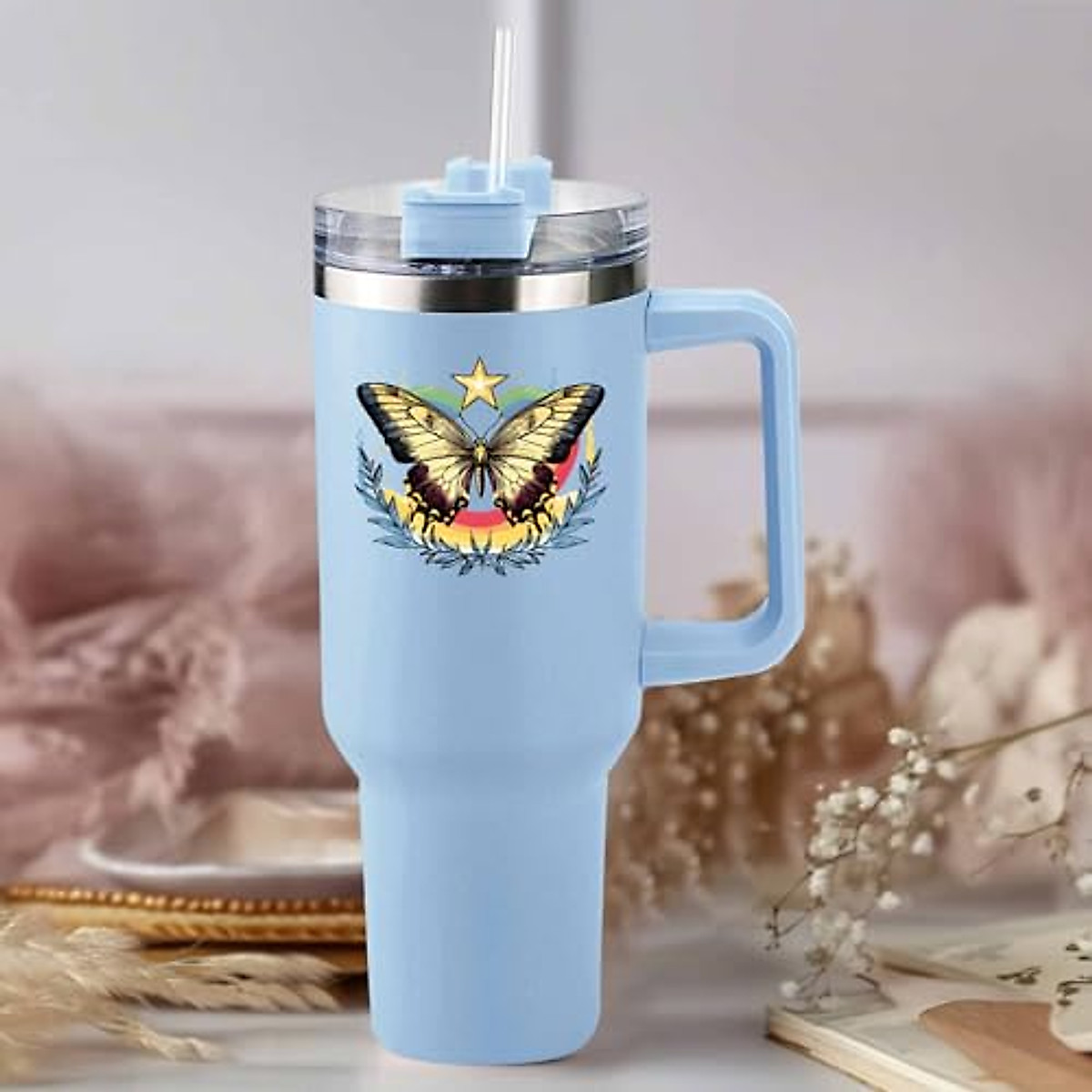 40 Oz Insulated Tumbler with Handle and Straw,Watercolor Butterfly Star Leaf Stainless Steel Vacuum Insulated Travel Mug,Leak-proof Water Bottle Iced Coffee Cup,Vintage Rainbow