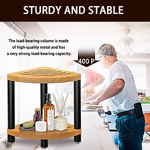 Corner Shower Stool with Storage Shelf,Waterproof Bamboo Corner Shower Seat for Bathroom,Sturdy and Non-Slip Shower Bench for Shaving Legs,Height Adjustable Metal Chair legs with Anti Slip Pad (Brown)