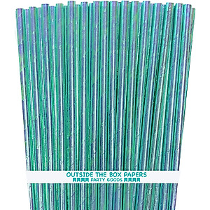 Iridescent Foil Paper Straws- Blue Green - 7.75 Inches - 100 Pack