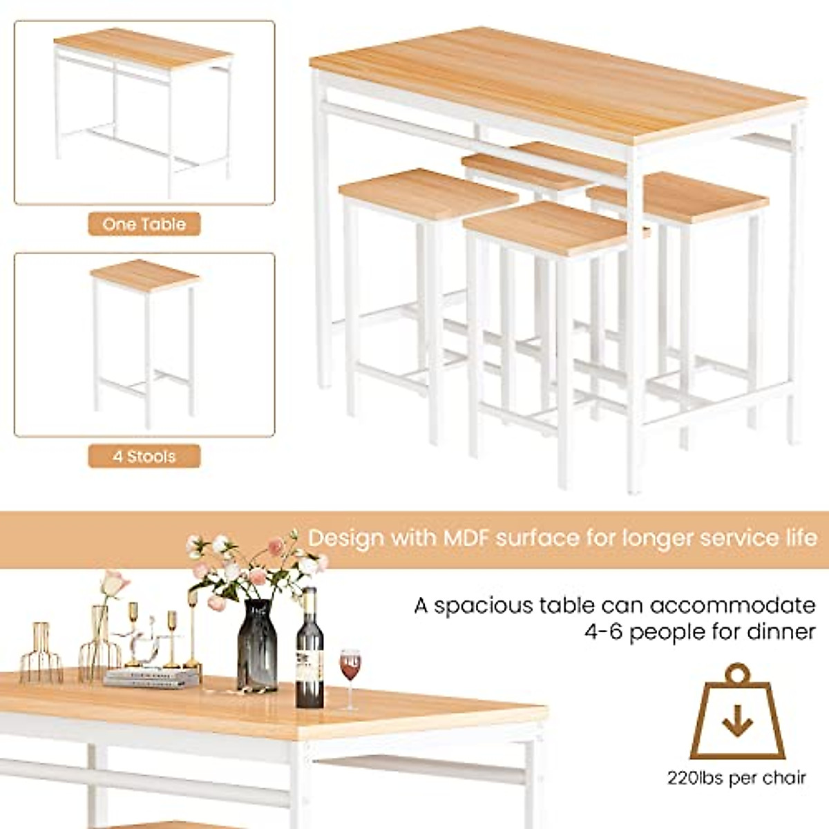 Recaceik Dining Table Set for 4 Kitchen Table and Chairs Set of 4, 5 Pieces Bar Table Set with 4 Stools Counter Height Dining Room Table with Metal Legs for Dinette Breakfast Nook, 47'' Walnut