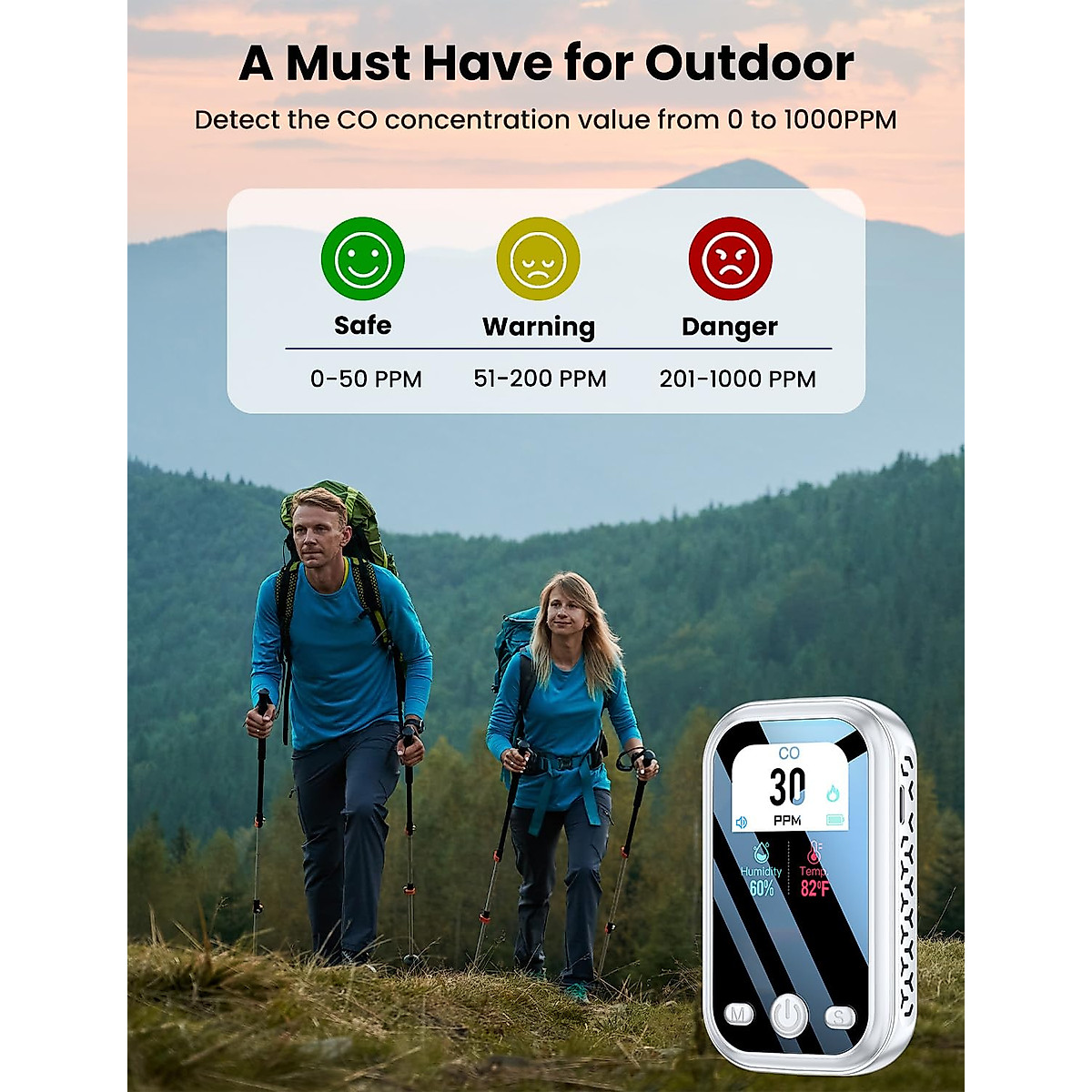 LSENLTY Upgraded Portable Carbon Monoxide Detectors, 120-Hour Standby Time, 3 in 1 CO Monitor(Temp, Humidity and CO Value), Alarm Function, Lanyard and Bracket Design, Easy to Use CO Detector