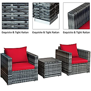 SAWQF 3 PC Patio Rattan Furniture Bistro Set Cushioned Sofa Chair Table Red