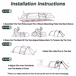 4 Person Tents for Camping, Ayamaya Tunnel Tent Camping with Vestibule 3-4 Person Waterproof, 2 Devided Rooms Bicycle Tent with Footprint for Bikepacking/Motorcycle Travel Hiking Mountaineering
