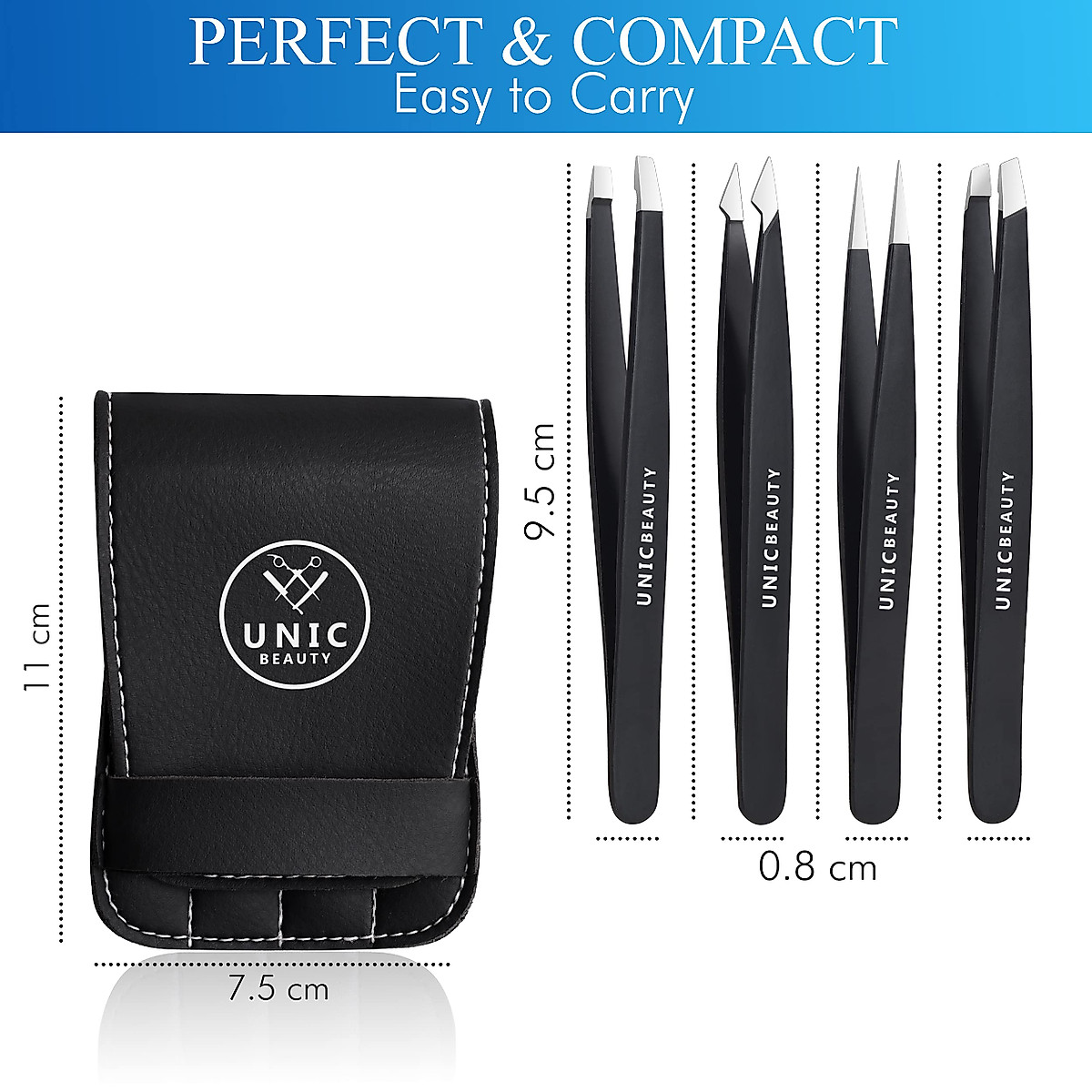 Tweezer Set 4-Piece for Men & Women - Professional Edge and point for Ingrown Hair,Eyebrow, Splinter, Facial & Blackhead Removal - Stainless Steel tweezers (Black)