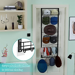 Yociyoga Metal Hat Racks for Baseball Caps, Over the Door Hat Organizer Hat Holder with Door Hooks & 17 Hat Hooks, Adjustable Tier Height Hat Hanger Hat Storage with Storage Basket, Black
