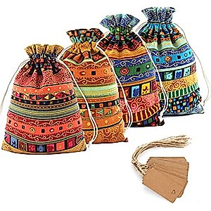 24 Pieces Egyptian Ethnic Style Jewelry Candy Pouch,5 x 7 Inch Small Drawstring Gift Bags Cotton Cloth Sachet with Tags and Ropes for Coin Party Favor Retail Supply Wedding Holiday (5 x 7inch,Mixed Color)