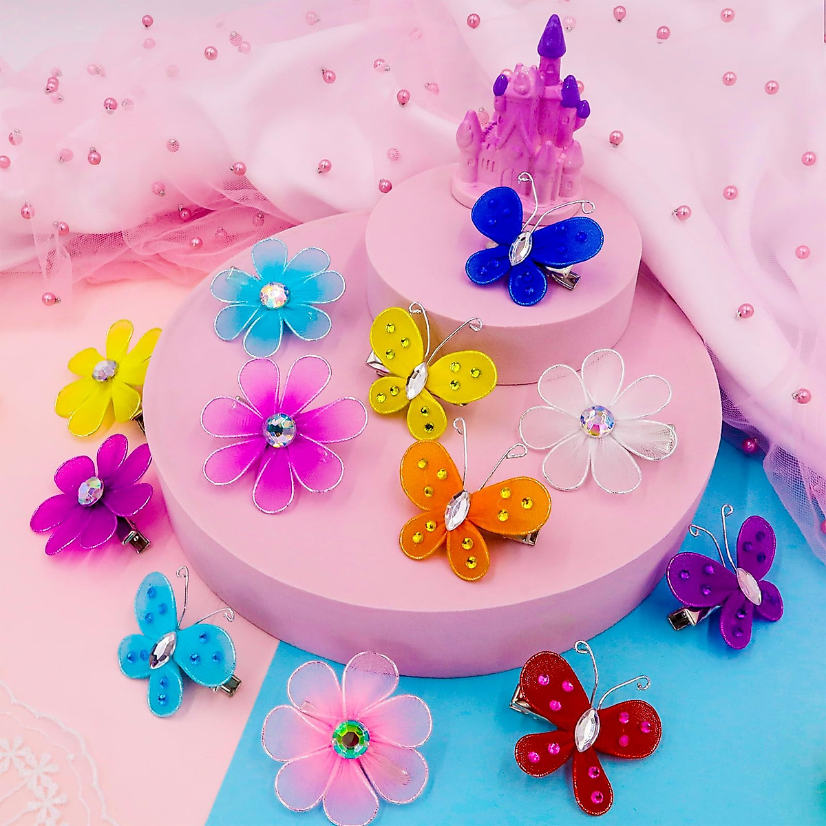 PinkSheep Hair Clip, Butterfly Flower Hair Accessory for Little Girl, 12PCS Tulle Mesh Hair Bows Colorful Flower Hair Pins Barrettes, for Toddler Baby Girls