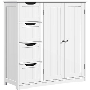 Yaheetech Wooden Bathroom Floor Cabinet, Side Storage Organizer Cabinet with 4 Drawers & Double Doors, Freestanding Entryway Storage Unit Console Table, Bathroom Furniture Home Decor, White