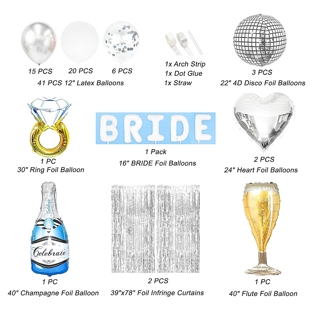 Bachelorette Party Decorations Kit Bridal Shower Balloons Arch Kit Silver Foil Fringe Backdrop Curtains for Retro Boogie Disco Bachelorette Party Decorations (Silver)