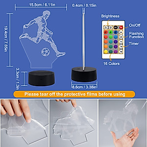 FULLOSUN Soccer Night Light, 3D Optical Illusion Lamp for Soccer Fan, Idea Birthday Xmas Gifts for Sport Fan Boys Girls with Remote Control 16 Color Change + Dim Function + 4 Flash Mode