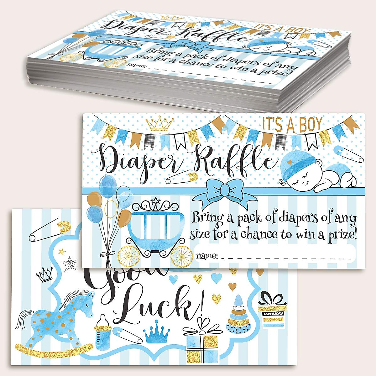 Diaper Raffle Tickets - It's A Boy - Set of 50 Double-Sided Raffle Cards - Blank Baby Shower Stationery - Fun and Colorful Baby Shower Supplies for Under $15!