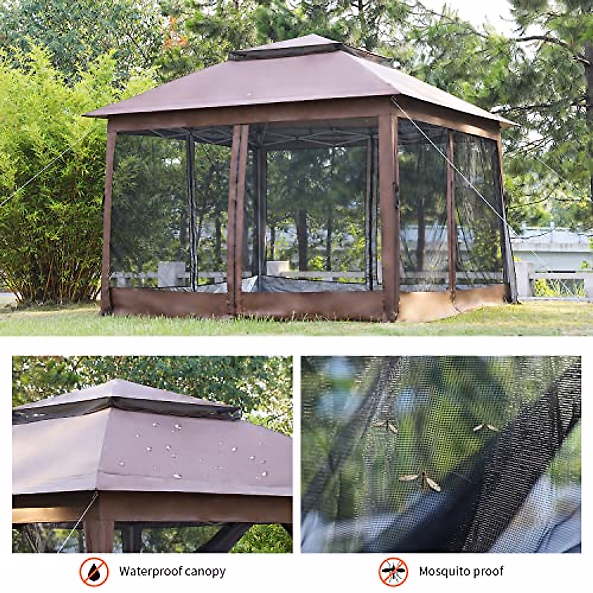10'x10' Pop Up Gazebo Outdoor Canopy Gazebo Patio Canopy Gazebo with Mosquito Netting Double Roof Tops for Outdoor Garden Backyard and Patio,Brown