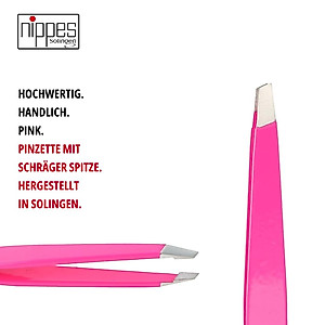 Nippes Stainless Steel Slant Pink Tweezers - Precision Pointed Slant - Quality Handmade in Solingen Germany - Professional Grade - Ergonomic Hand Grip - for Eyebrows, Eyelashes, Extensions [9.5 CM]