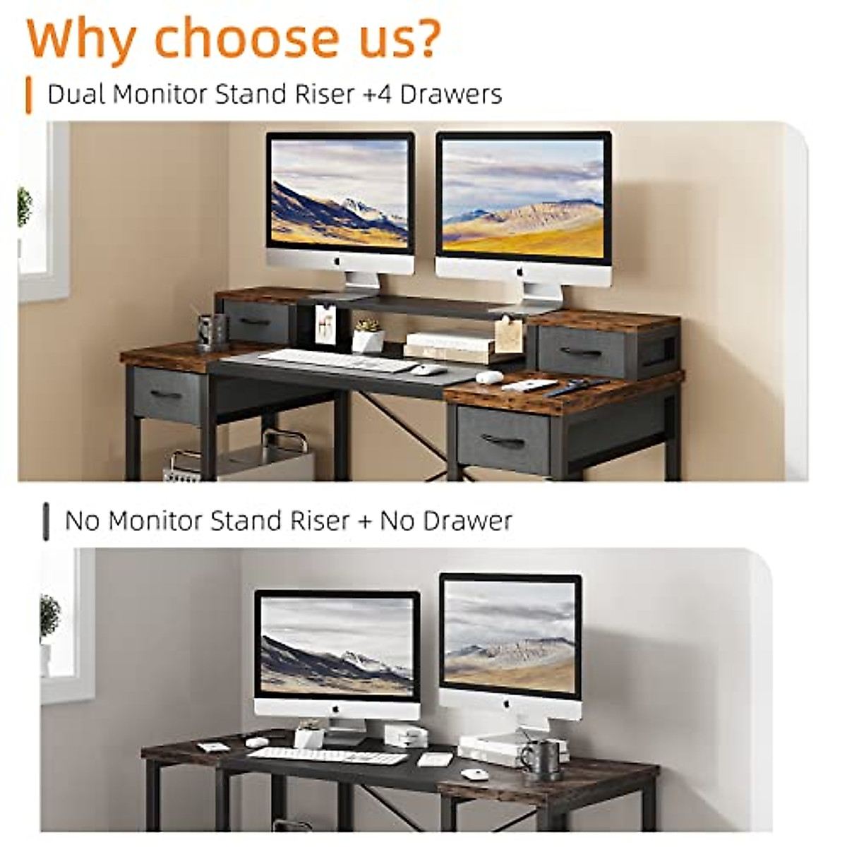 YAOHUOO Computer Desk with Dual Monitor Stands - 48'' Office Desk Writing Desk with 4 Drawers and Keyboard Storage, Work Desk with Dual PC Mainframe Shelves for Storage (Rustic Brown, 48)