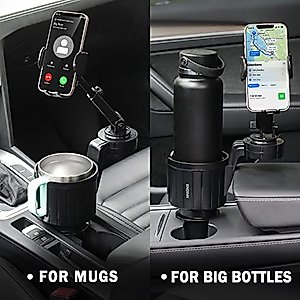 Upgraded 2 in 1 Car Cup Holder Phone Mount with Offset Adjustable Base, 360° Rotation Universal Compatible with iPhone Samsung Cell Phones and Yeti, Hydro Flasks, Other Large Bottles Mugs in 3.4"-4.0"