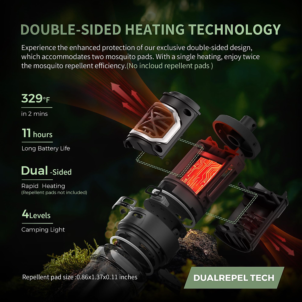 FLEXTAIL Rechargeable Tiny Mosquito Repeller 329°F Heating 30ft Protection Zone Ultra Mini with Camping Light Magnetic Design for Outdoor Camping Backpacking Patios(Repellent Pads Not Included)- Black