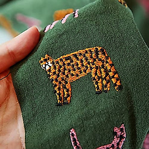 Tiger Embroiderd Linen Cotton Fabric,Green Embroidered Fabric,Designer Fabric,Quilting Fabric,Fabric by Yard,Thick Fabric,Linen Fabric