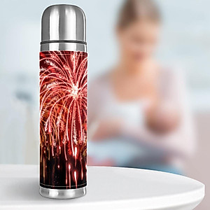 Stainless Steel Leather Vacuum Insulated Mug Fireworks Thermos Water Bottle for Hot and Cold Drinks Kids Adults 16 Oz