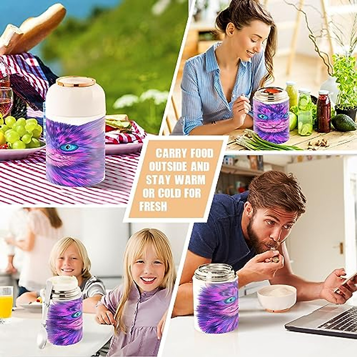CUPADA Purple Cat Face Food Jar, Cute Animal Insulated Hot Food Jars Vacuum 17OZ with Folding Spoon for Work Trip Picnic Camping