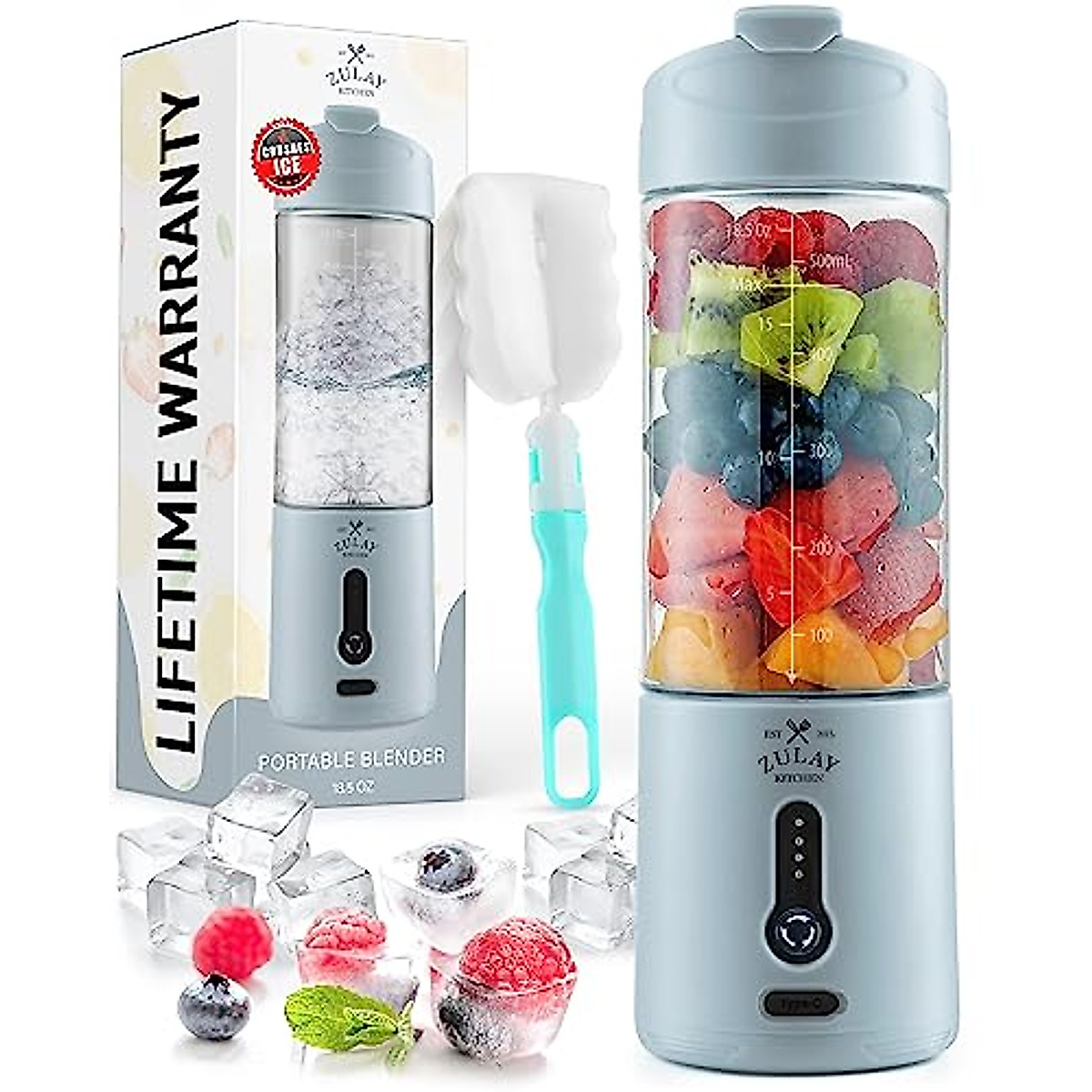 Zulay Kitchen 18 oz Personal Blenders that Crush Ice - USB-C Rechargeable, Cordless Travel Blender - Portable Smoothie Blender On the Go, Frozen Fruits, & Veggies with 6 Sharp Blades (Light Blue)