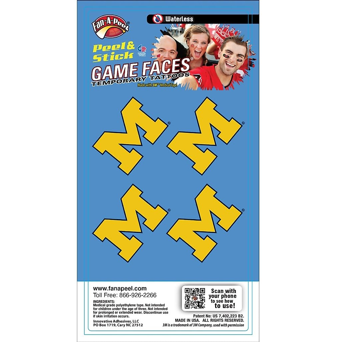 University of Michigan (U of M) Wolverines – Waterless Peel & Stick Temporary Spirit Tattoos – 4-Piece – Maize M Logo