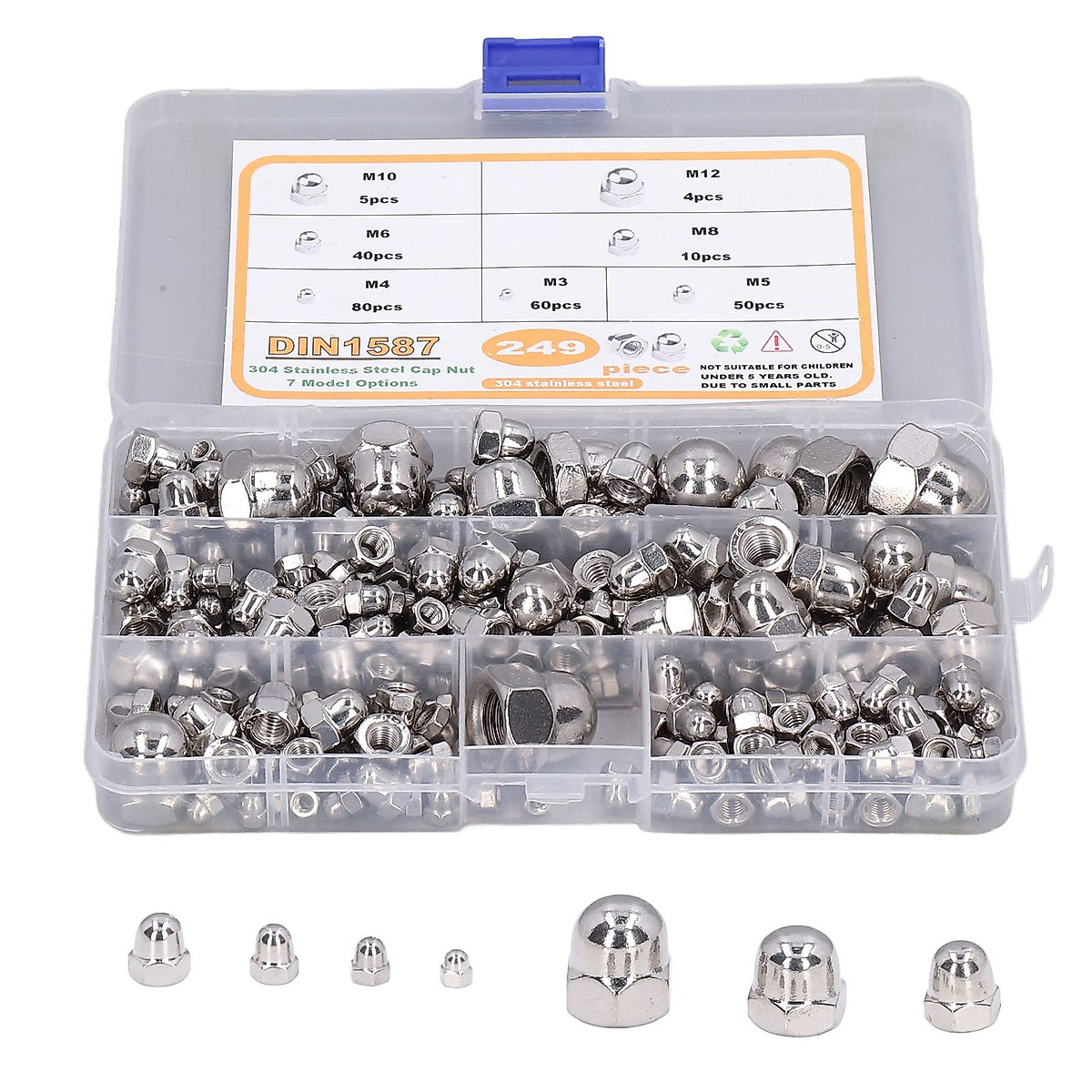 249Pcs Acorn Hex Cap Nuts Assortment Kit,M3‑M12 DIN1587 304 Stainless Steel Bright Finish