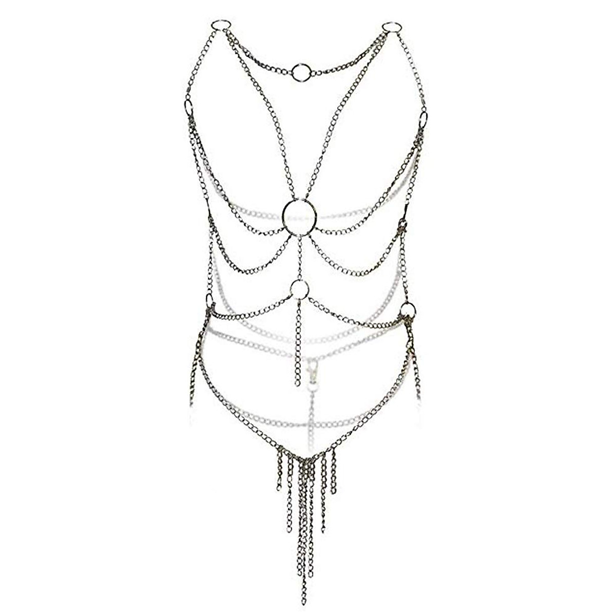 Women's Lingerie Chain Set Cross Enticing Tassel Body Link Harness Metal Chain Set Metallic
