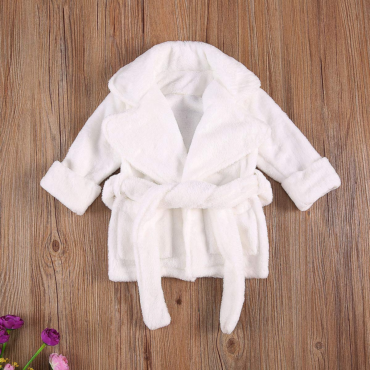 Qiylii Unisex Baby Plush Bathrobe Plain Kimono Gown Newborn Toddler Girls Boys Towel Robe Nightwear Clothes (White, 12-24 Months)