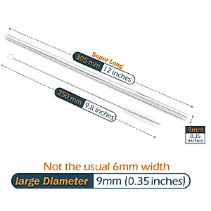 GFDesign Big Drinking Straws Reusable 12" Extra Long 9mm Extra Wide SUS 304 Food-Grade 18/8 Stainless Steel - Set of 4 with 2 Cleaning Brushes - Straight