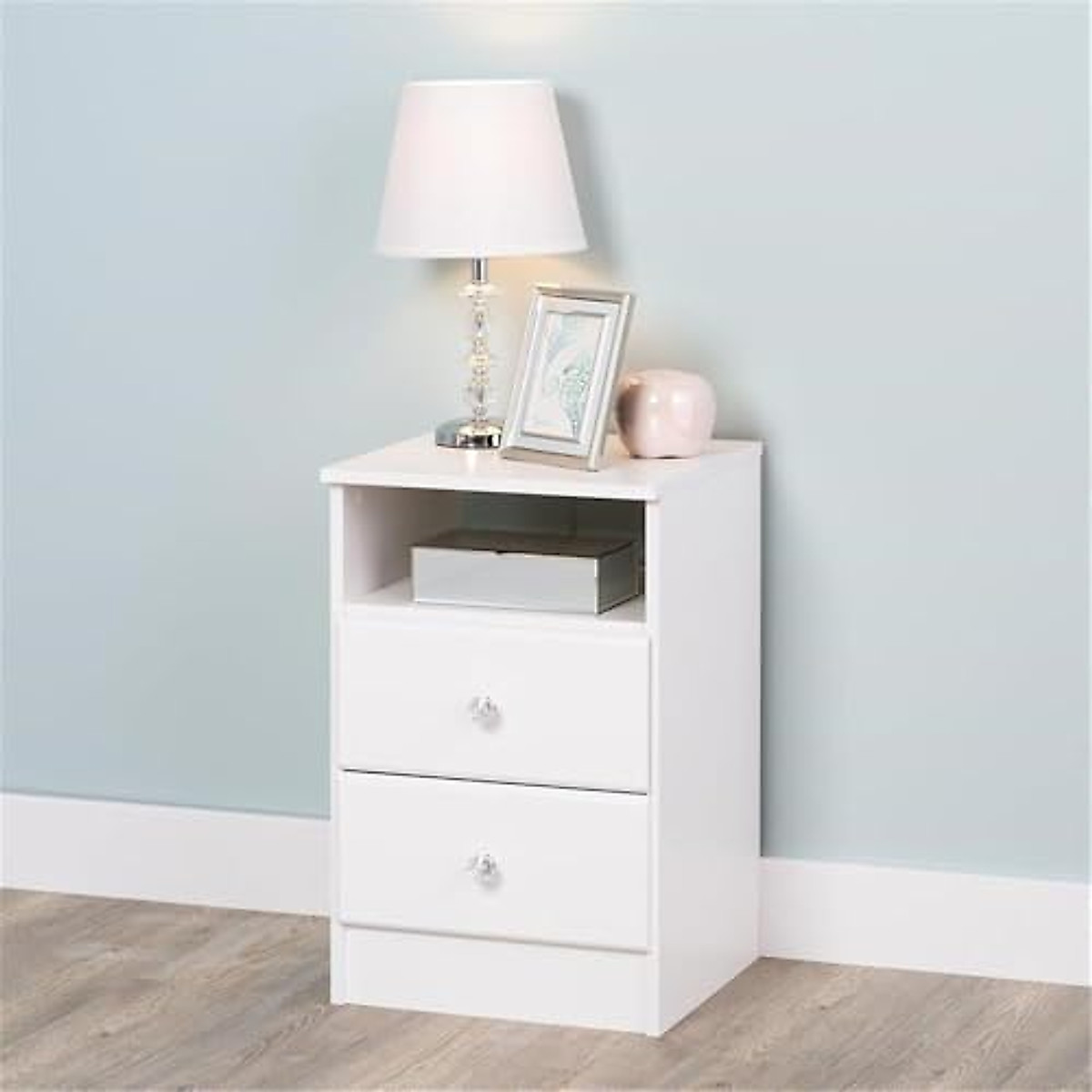 Prepac Astrid Simplistic Nightstand with 2 Drawers and Open Shelf, Functional Bedside Table with Acrylic Knobs 15.5" D x 16" W x 24.5" H, White, WDNH-0402-1-V