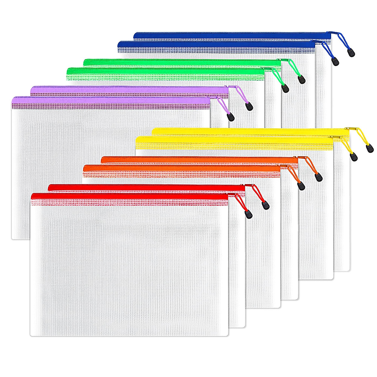 SUNEE 12pcs Mesh Zipper Pouch 11x16, Large Storage Bags for Board Game & Puzzle Organizing, Reusable Plastic Zip Organizer for Travel (A3, 6 Colors)