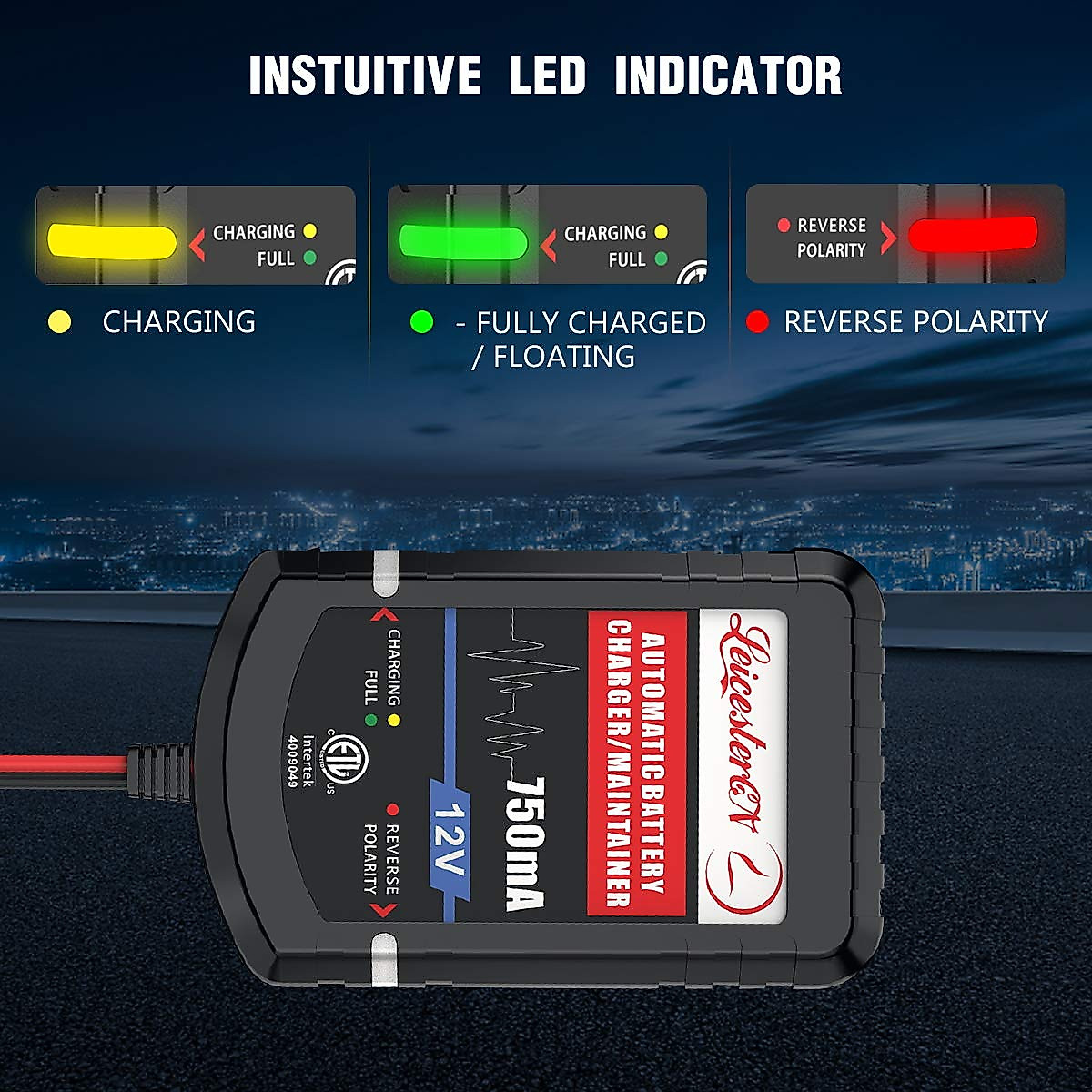 [4-Pack] LEICESTERCN Automatic Trickle Battery Charger Maintainer 12V 750mA Smart Float Charger for Car Motorcycle Lawn Mower Tractor Boat SLA ATV Wet AGM Gel Cell Lead Acid Batteries