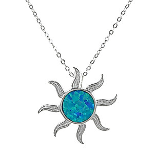 Sterling Silver Created Blue Opal Solar Eclipse Sun Pendant with 18" Chain