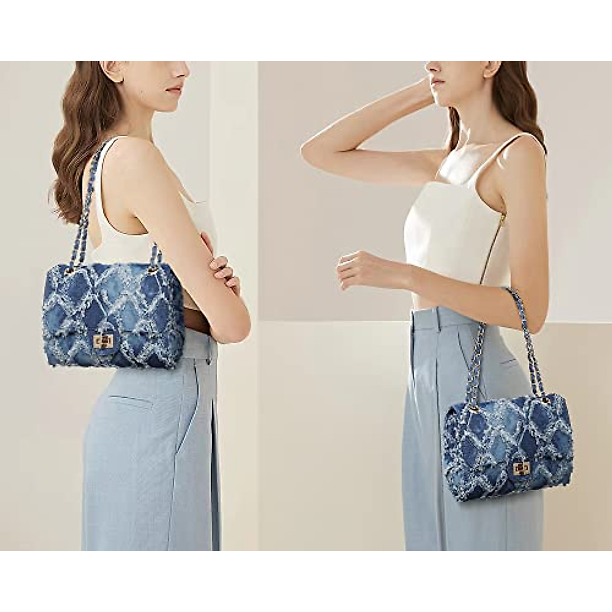 MKP Women Small Shoulder Bags Quilted Crossbody Distressed Jean Denim Purse Evening Bag Clutch Handbag with Chain Strap