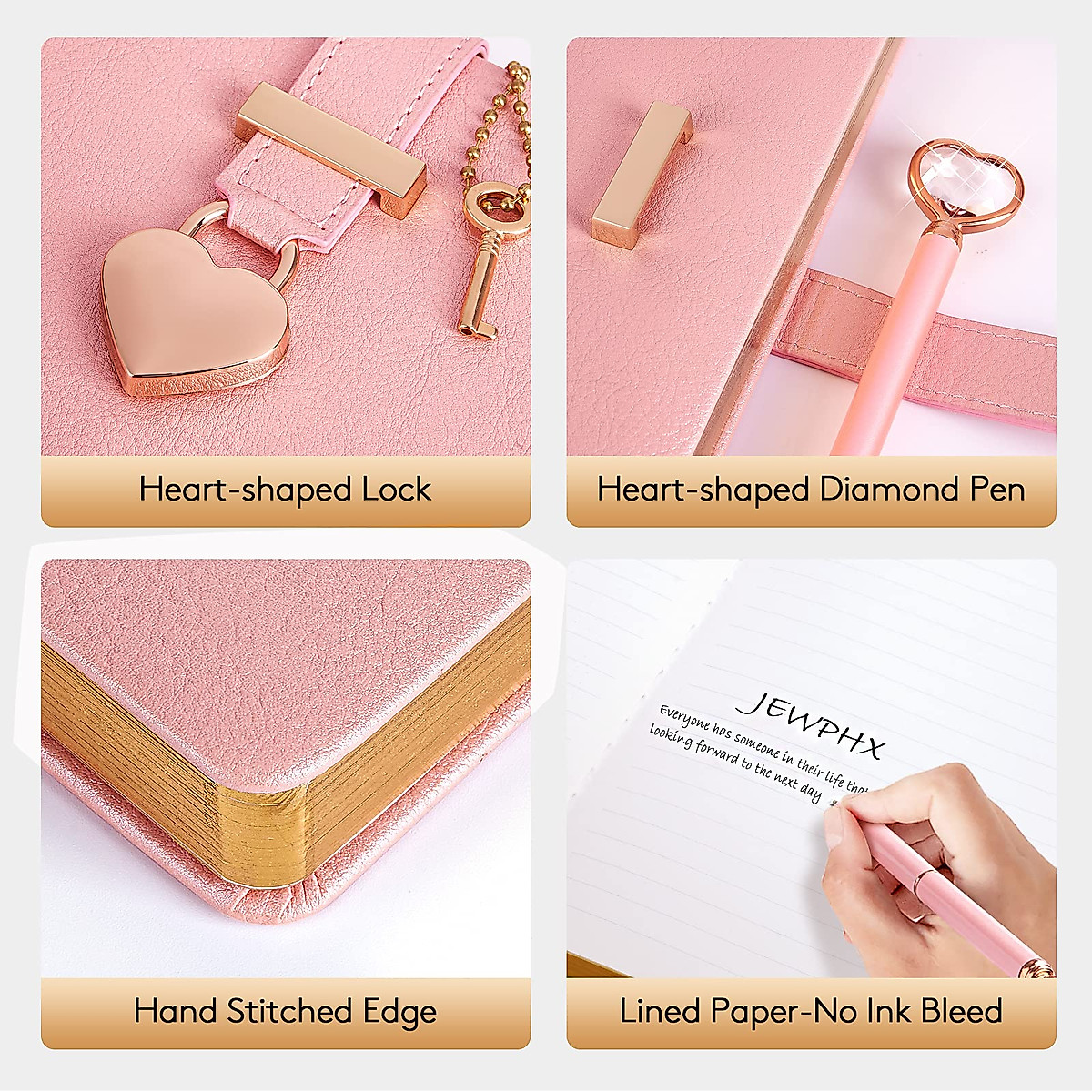 JEWPHX Heart Shaped Lock Diary with Key&Heart Diamond Pen,PU Leather,Personal Organizers Planner Journal Notebook Gift for Women Girls