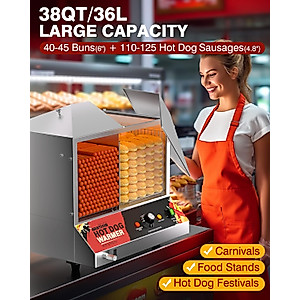 WantJoin Hot Dog Steamer Machine, 36L/38QT Electric Hot Dog Steamer with Bun Warmer, Stainless Steel Hot Dog Cabinet with Tempered Glass for 110-125 Sausages & 40-45 Buns,1200W