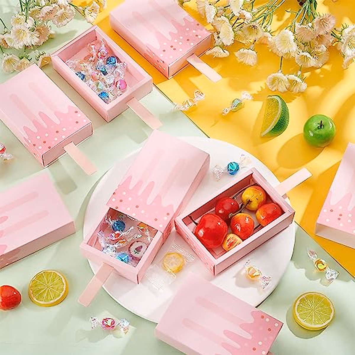PH PandaHall Paper Ice Cream Shape Gift Boxes, 20 pcs 3.6x2 Inch Popsicle Mini Cartoon Candy Folding Paper Box Party Favor Candy Box for Halloween Birthday Wedding, Pink